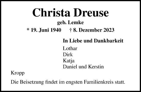 Traueranzeigen von Christa Dreuse | trauer-anzeigen.de