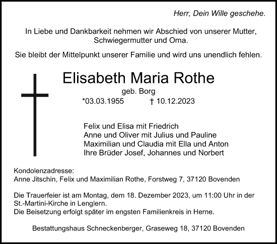 Traueranzeigen von Elisabeth Maria Rothe | trauer-anzeigen.de