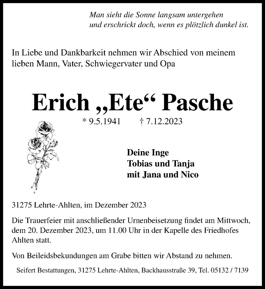 Traueranzeigen von Erich Pasche | trauer-anzeigen.de