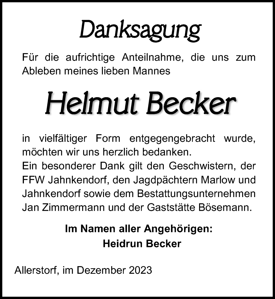 Traueranzeigen von Helmut Becker | trauer-anzeigen.de