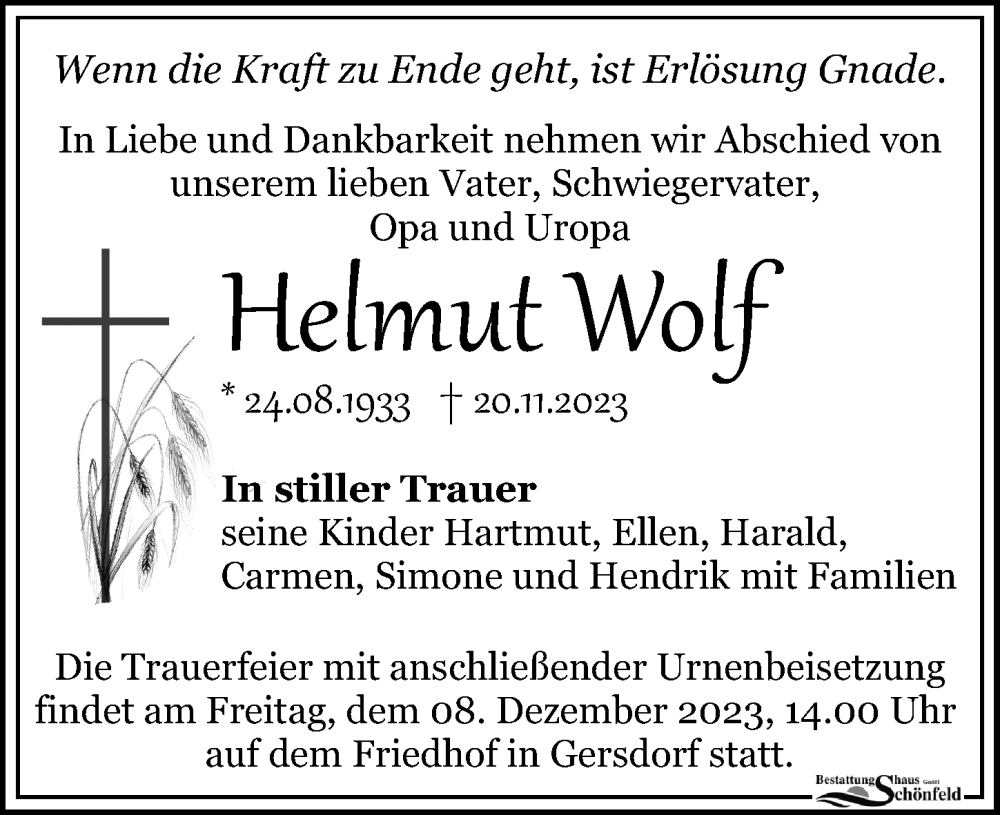 Traueranzeigen von Helmut Wolf | trauer-anzeigen.de
