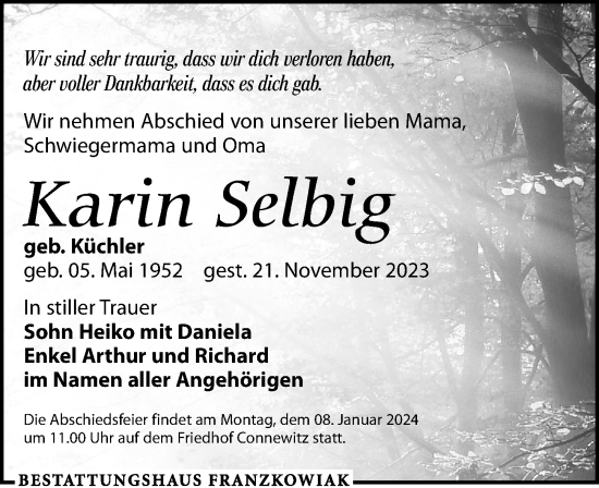 Traueranzeigen von Karin Selbig | trauer-anzeigen.de