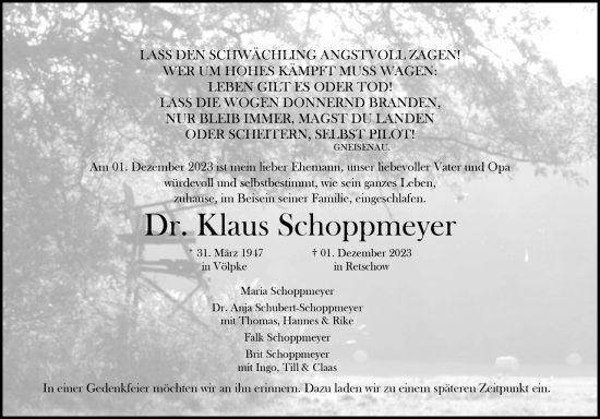 Traueranzeigen von Klaus Schoppmeyer | trauer-anzeigen.de