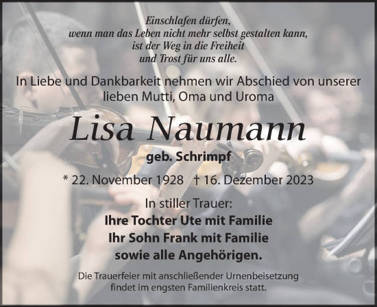 Traueranzeigen von Lisa Naumann | trauer-anzeigen.de