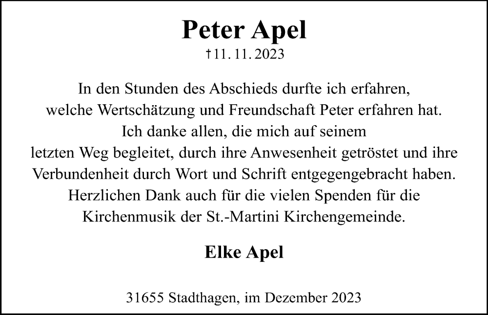 Traueranzeigen von Peter Apel | trauer-anzeigen.de