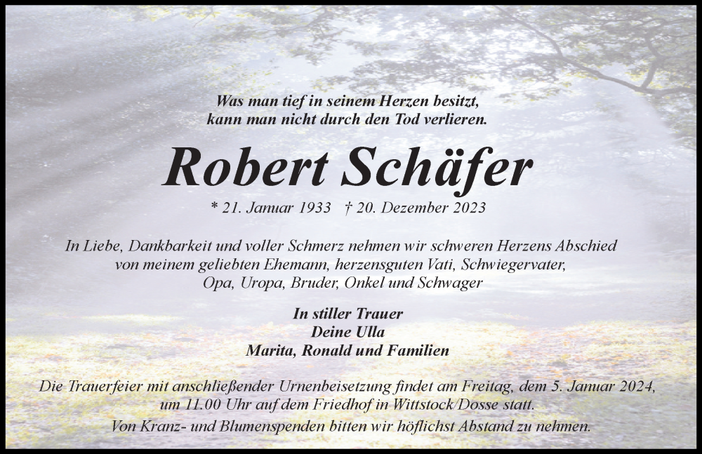 Traueranzeigen von Robert Schäfer | trauer-anzeigen.de