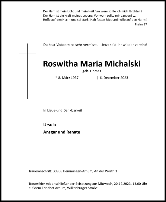 Traueranzeigen von Roswitha Maria Michalski | trauer-anzeigen.de