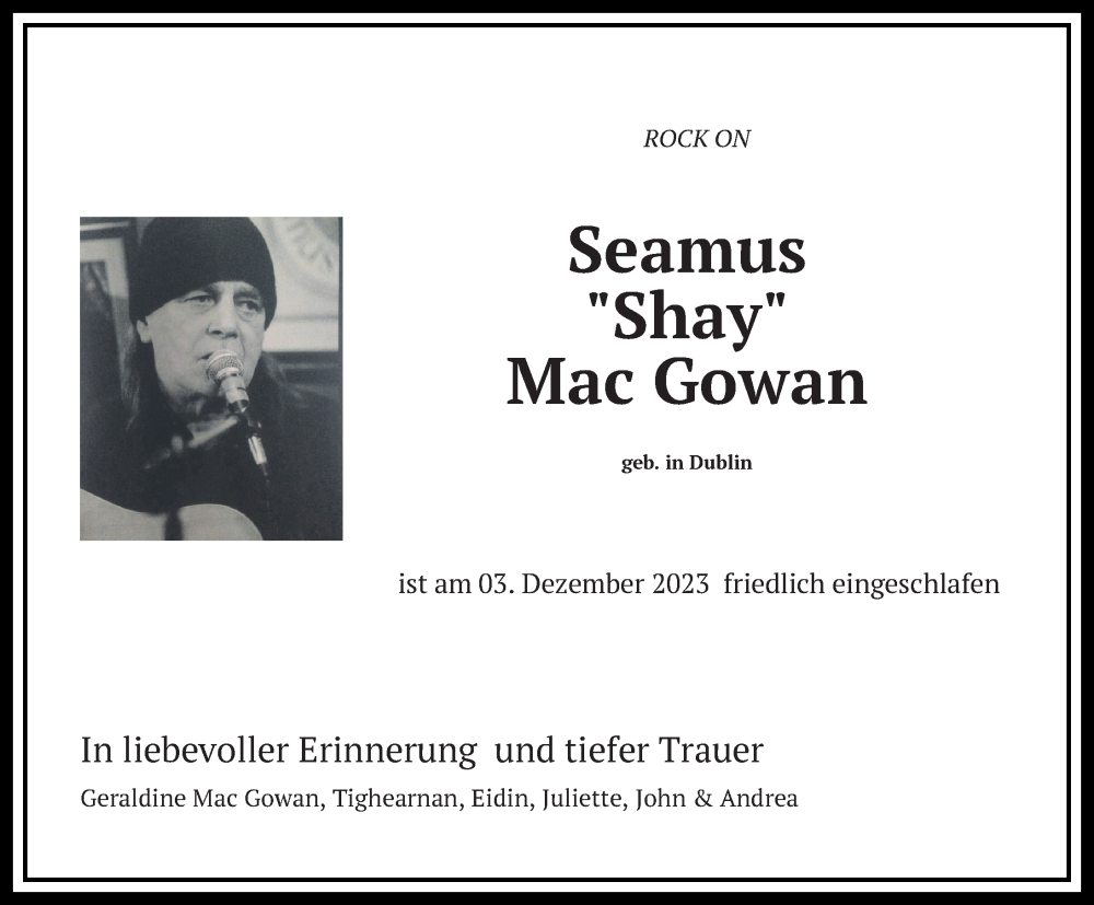 Traueranzeigen von Seamus Mac Gowan | trauer-anzeigen.de