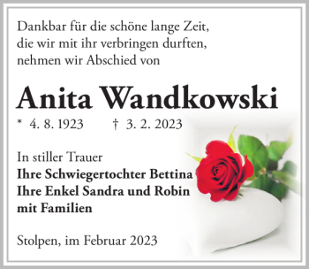 Traueranzeigen von Anita Wandkowski | trauer-anzeigen.de