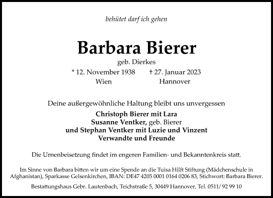 Traueranzeigen von Barbara Bierer | trauer-anzeigen.de