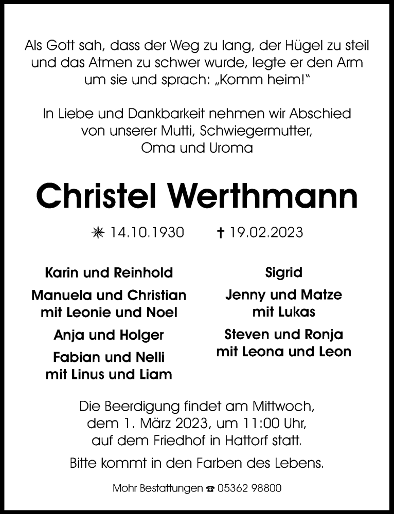 Traueranzeigen von Christel Werthmann | trauer-anzeigen.de