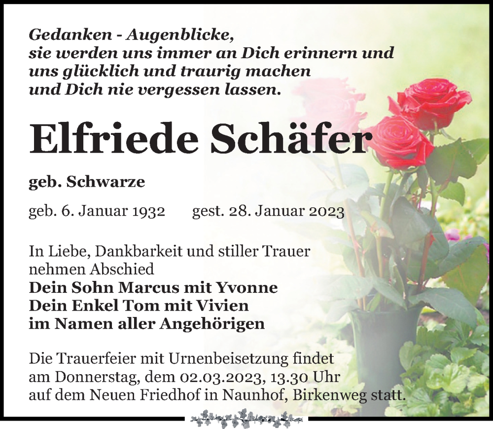Traueranzeigen von Elfriede Schäfer | trauer-anzeigen.de