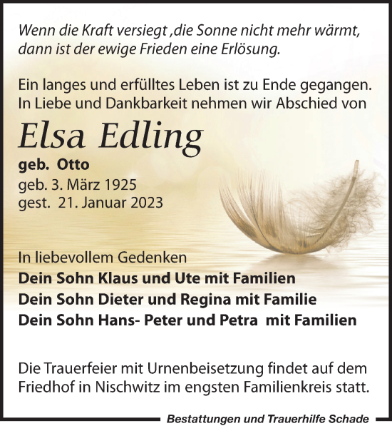 Traueranzeigen von Elsa Edling | trauer-anzeigen.de