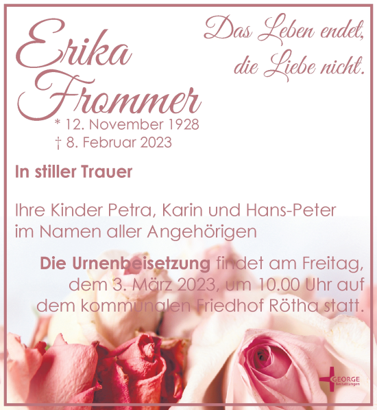Traueranzeigen von Erika Frommer | trauer-anzeigen.de