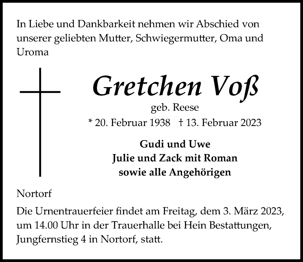 Traueranzeigen von Gretchen Voß | trauer-anzeigen.de