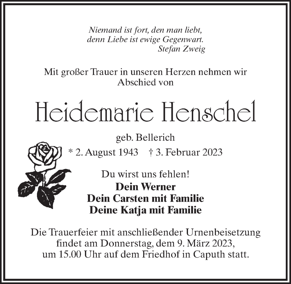 Traueranzeigen von Heidemarie Henschel | trauer-anzeigen.de