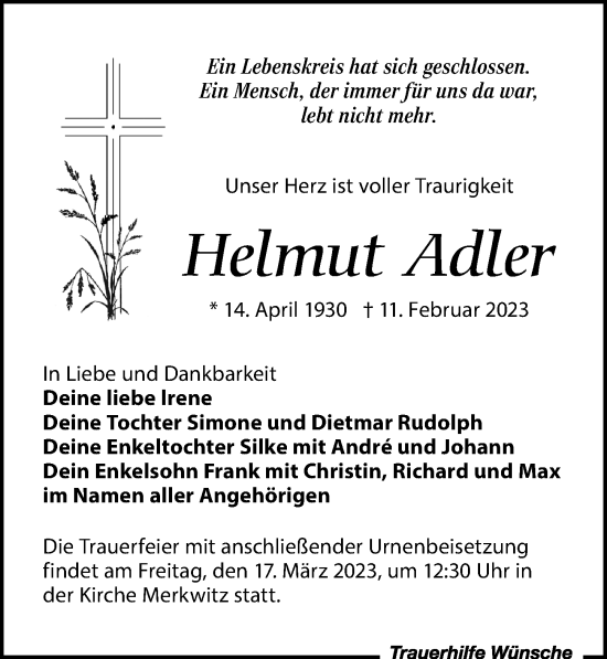 Traueranzeigen von Helmut Adler | trauer-anzeigen.de