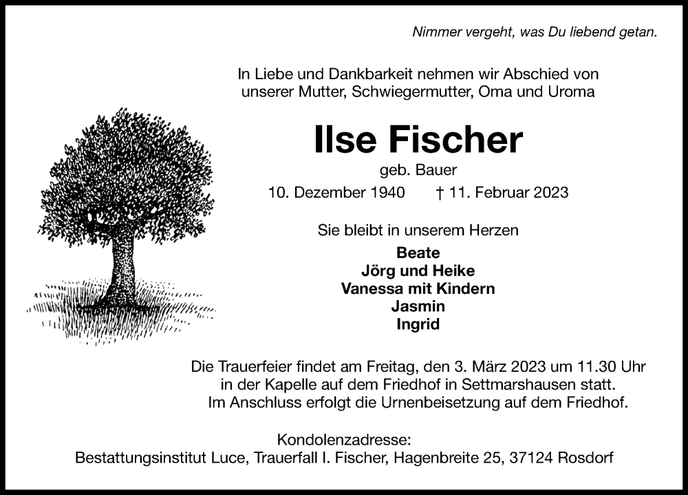 Traueranzeigen von Ilse Fischer | trauer-anzeigen.de