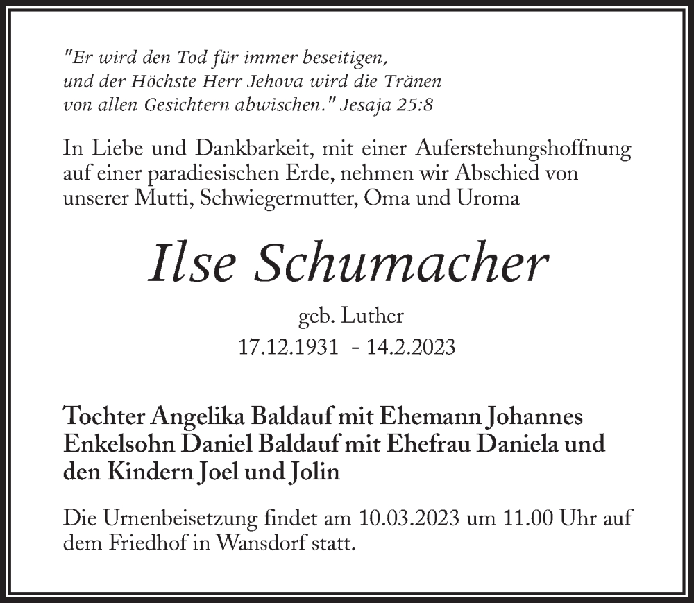 Traueranzeigen von Ilse Schumacher | trauer-anzeigen.de