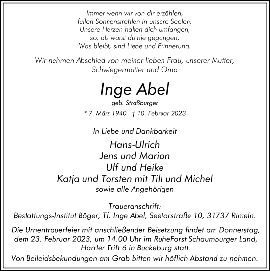 Traueranzeigen von Inge Abel | trauer-anzeigen.de