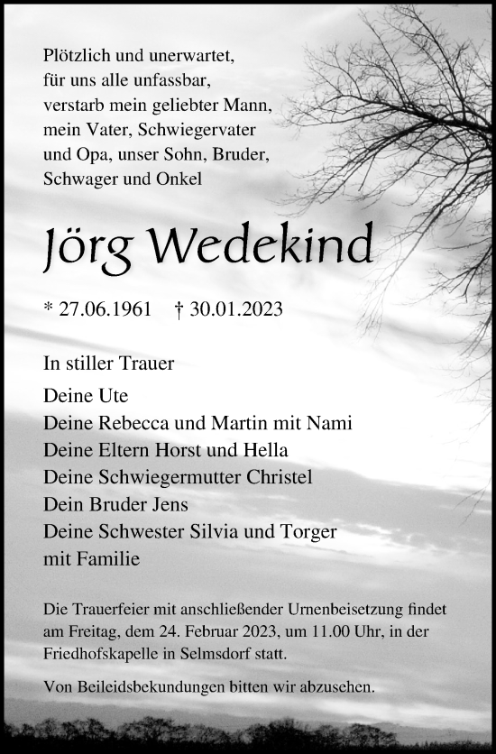 Traueranzeigen von Jörg Wedekind | trauer-anzeigen.de