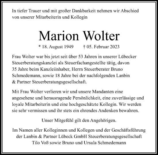Traueranzeigen von Marion Wolter | trauer-anzeigen.de