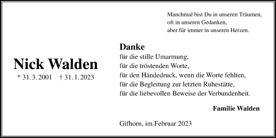 Traueranzeigen von Nick Walden | trauer-anzeigen.de