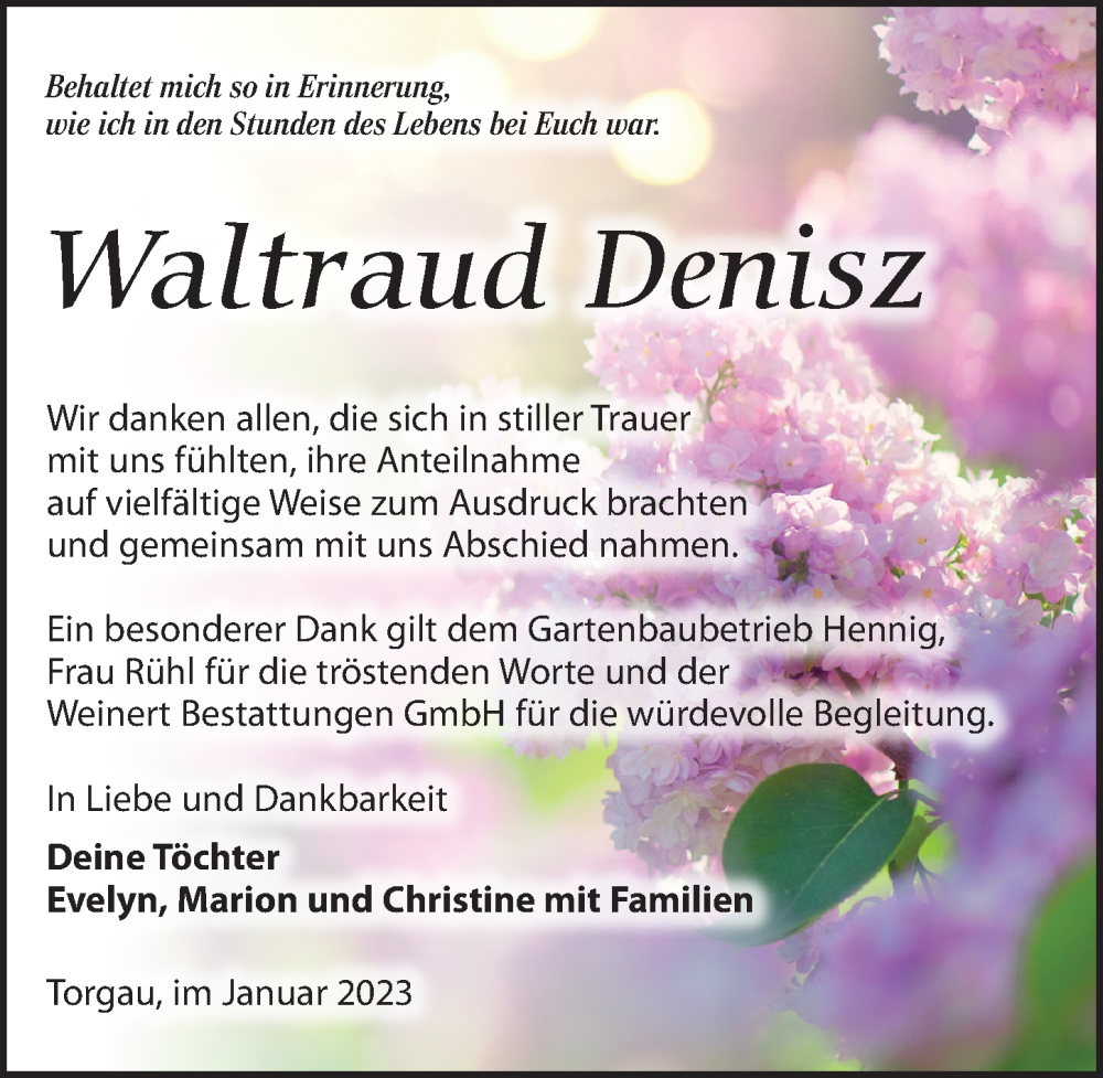 Traueranzeigen von Waltraud Denisz | trauer-anzeigen.de