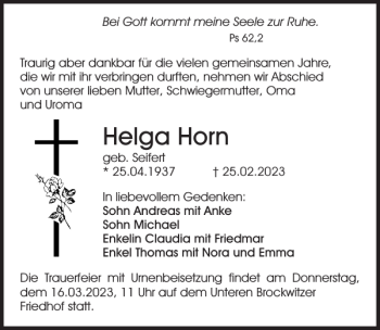 Traueranzeigen von Helga Horn | trauer-anzeigen.de