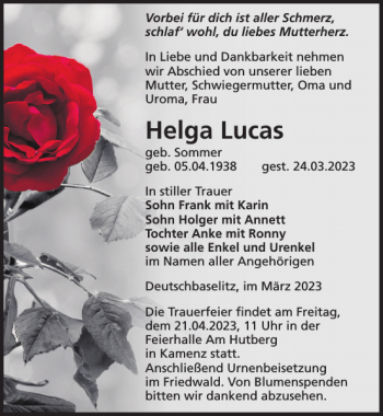 Traueranzeigen von Helga Lucas | trauer-anzeigen.de