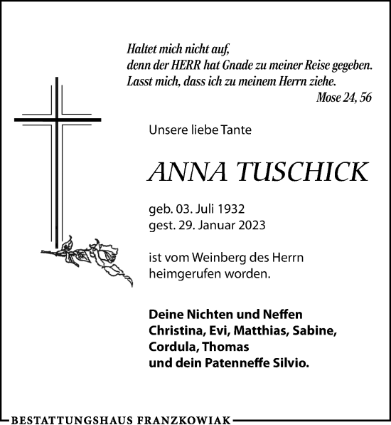 Traueranzeigen von Anna Tuschick | trauer-anzeigen.de