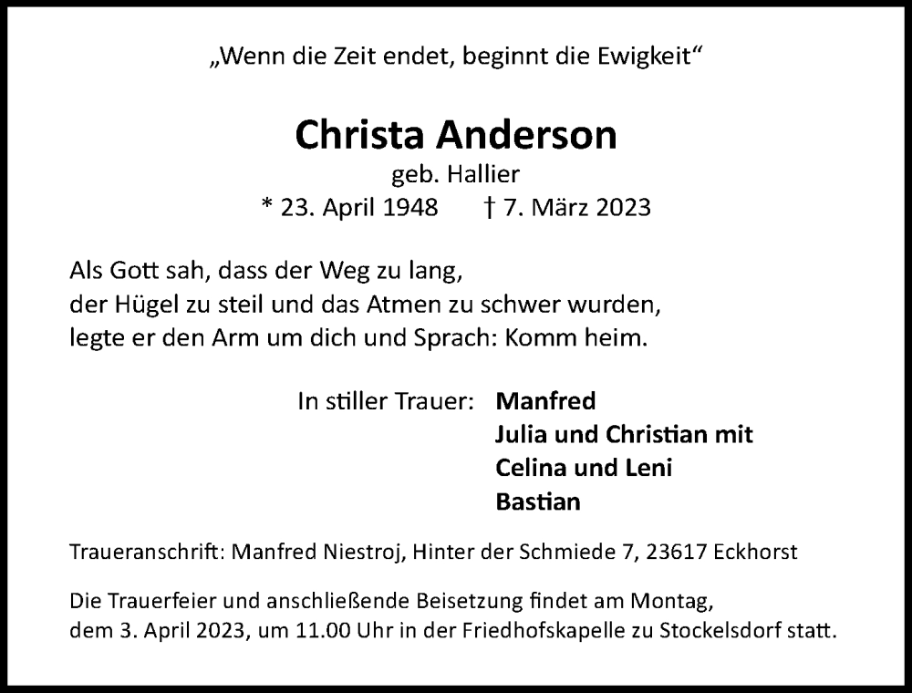 Traueranzeigen von Christa Anderson | trauer-anzeigen.de