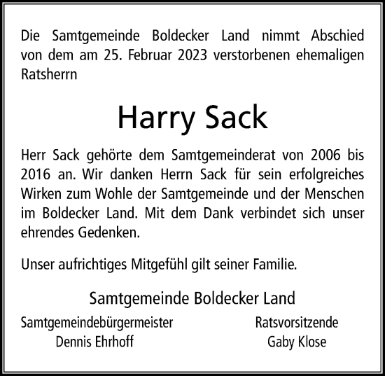 Traueranzeigen von Harry Sack | trauer-anzeigen.de