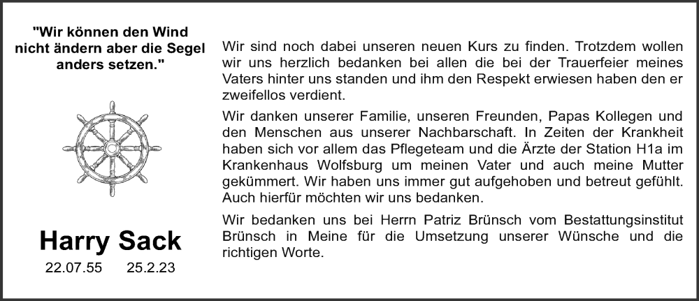 Traueranzeigen von Harry Sack | trauer-anzeigen.de