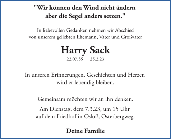 Traueranzeigen von Harry Sack | trauer-anzeigen.de