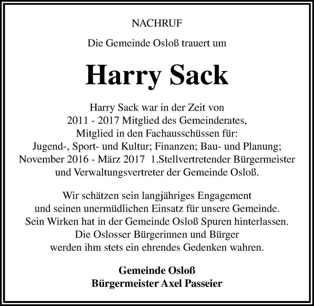 Traueranzeigen von Harry Sack | trauer-anzeigen.de