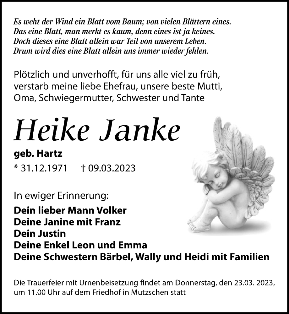 Traueranzeigen von Heike Janke | trauer-anzeigen.de