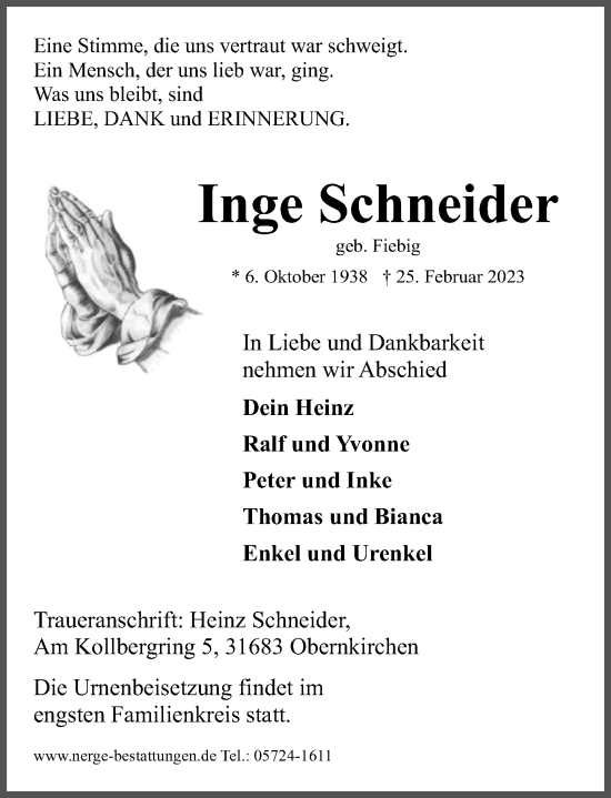 Traueranzeigen von Inge Schneider | trauer-anzeigen.de