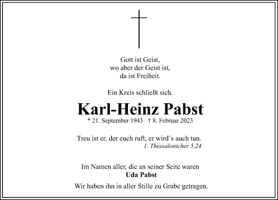 Traueranzeigen von Karl-Heinz Pabst | trauer-anzeigen.de