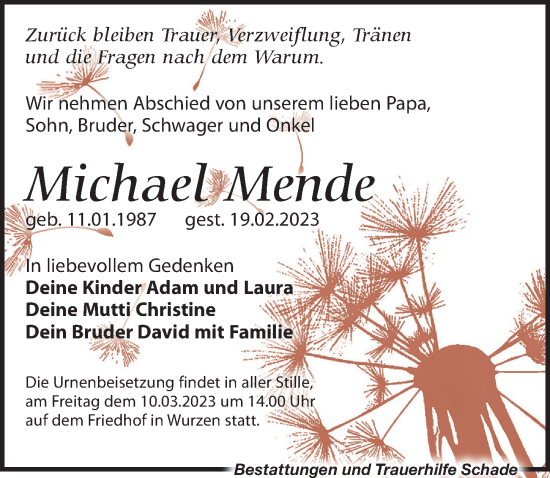 Traueranzeigen von Michael Mende | trauer-anzeigen.de