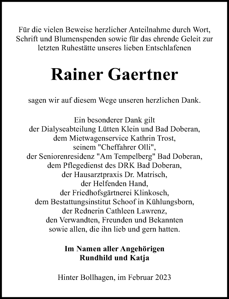 Traueranzeigen von Rainer Gaertner | trauer-anzeigen.de