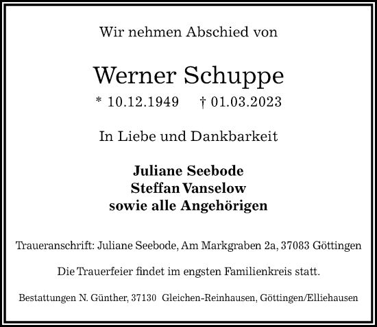 Traueranzeigen von Werner Schuppe | trauer-anzeigen.de
