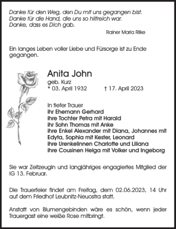 Traueranzeigen von Anita John | trauer-anzeigen.de