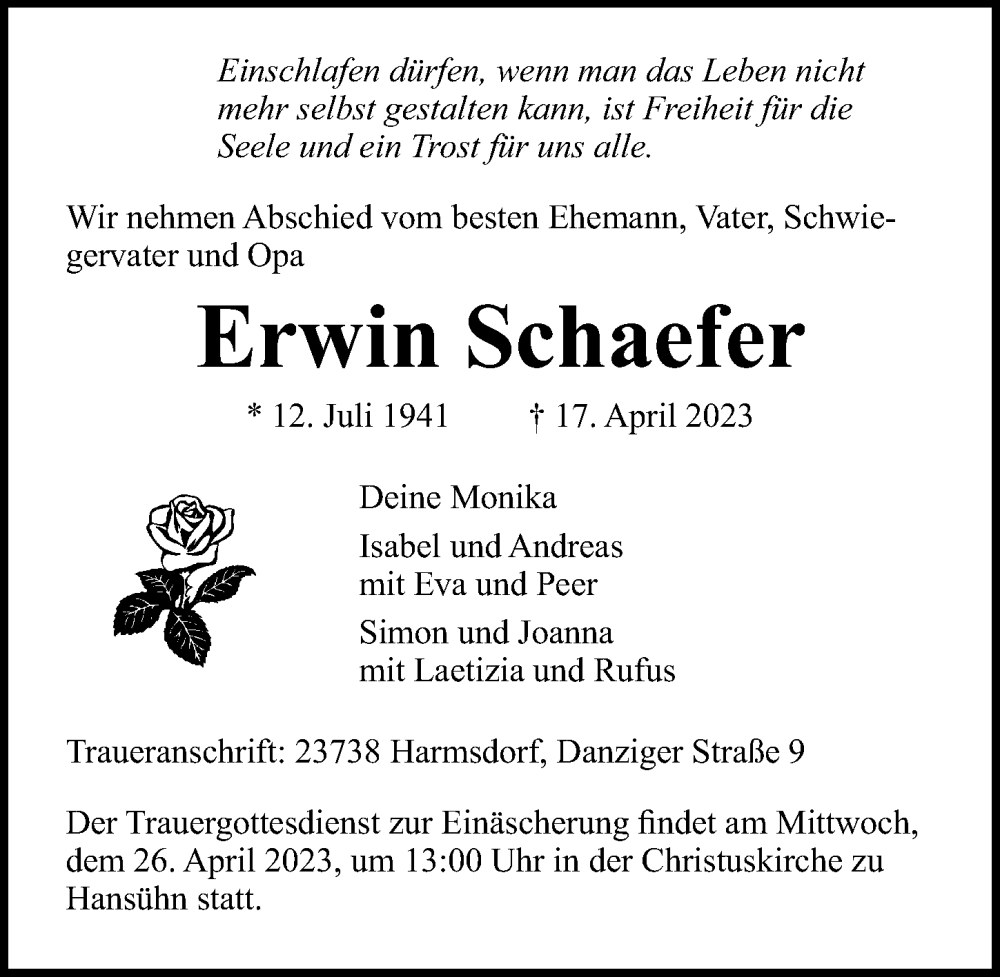 Traueranzeigen von Erwin Schaefer | trauer-anzeigen.de
