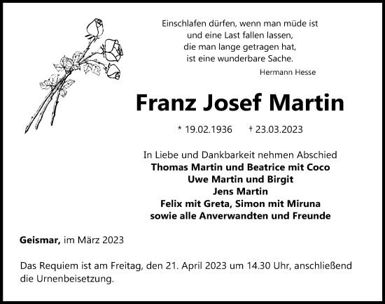 Traueranzeigen von Franz Josef Martin | trauer-anzeigen.de