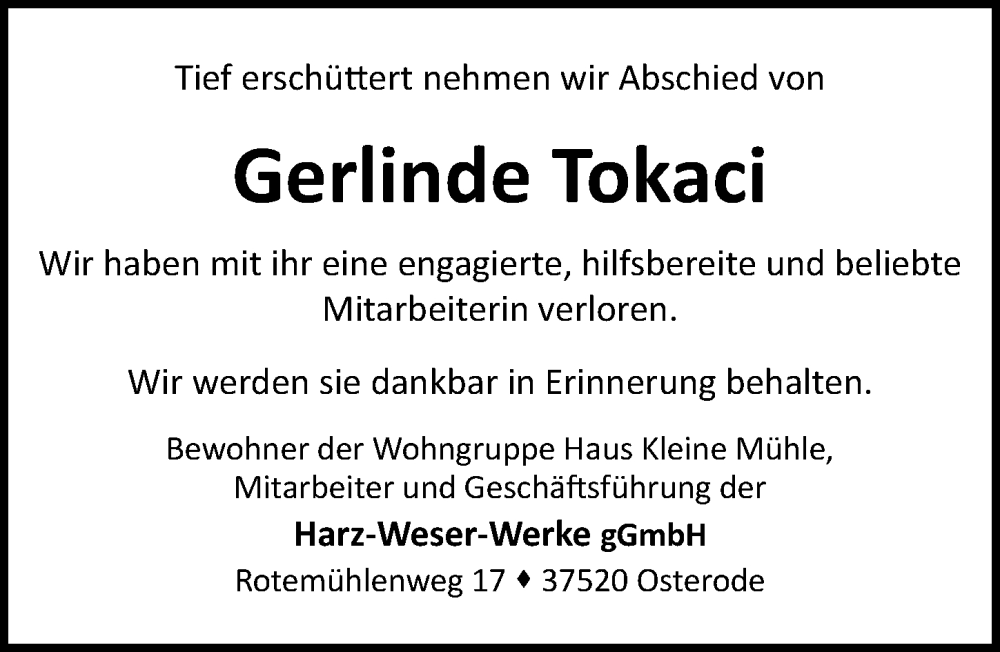 Traueranzeigen von Gerlinde Tokaci | trauer-anzeigen.de
