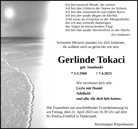 Traueranzeigen von Gerlinde Tokaci | trauer-anzeigen.de