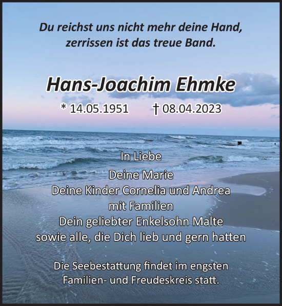 Traueranzeigen von Hans-Joachim Ehmke | trauer-anzeigen.de