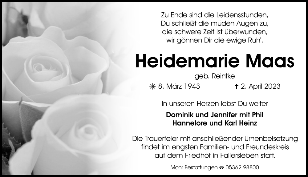 Traueranzeigen von Heidemarie Maas | trauer-anzeigen.de