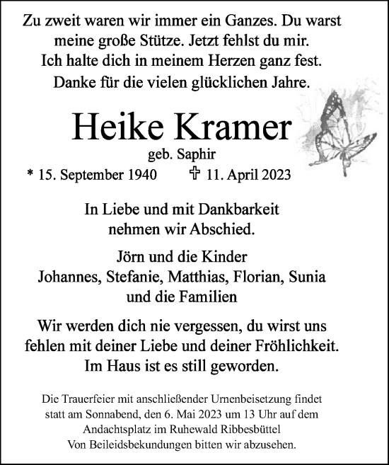 Traueranzeigen von Heike Kramer | trauer-anzeigen.de
